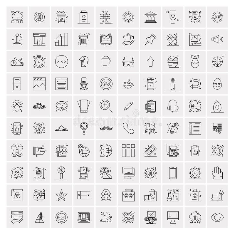 100 Universal Black Line Icons on White Background Stock Vector ...