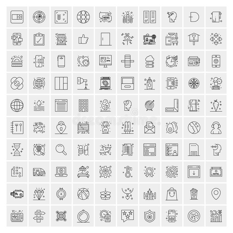 100 Universal Black Line Icons on White Background Stock Vector ...
