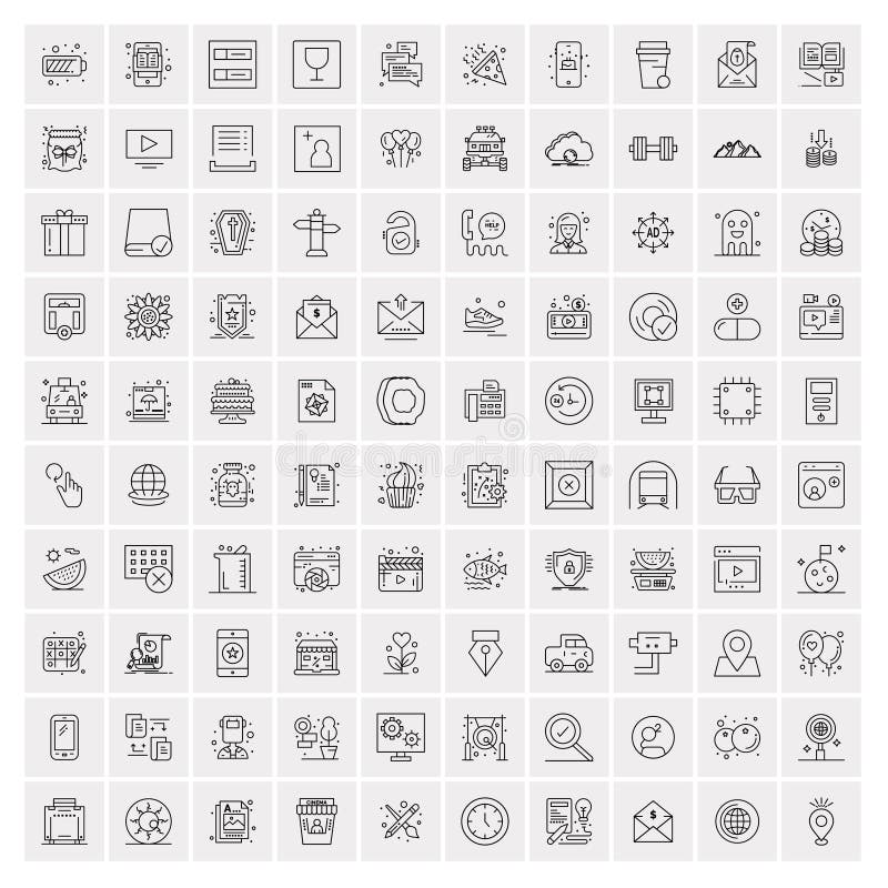 100 Universal Black Line Icons on White Background Stock Vector ...