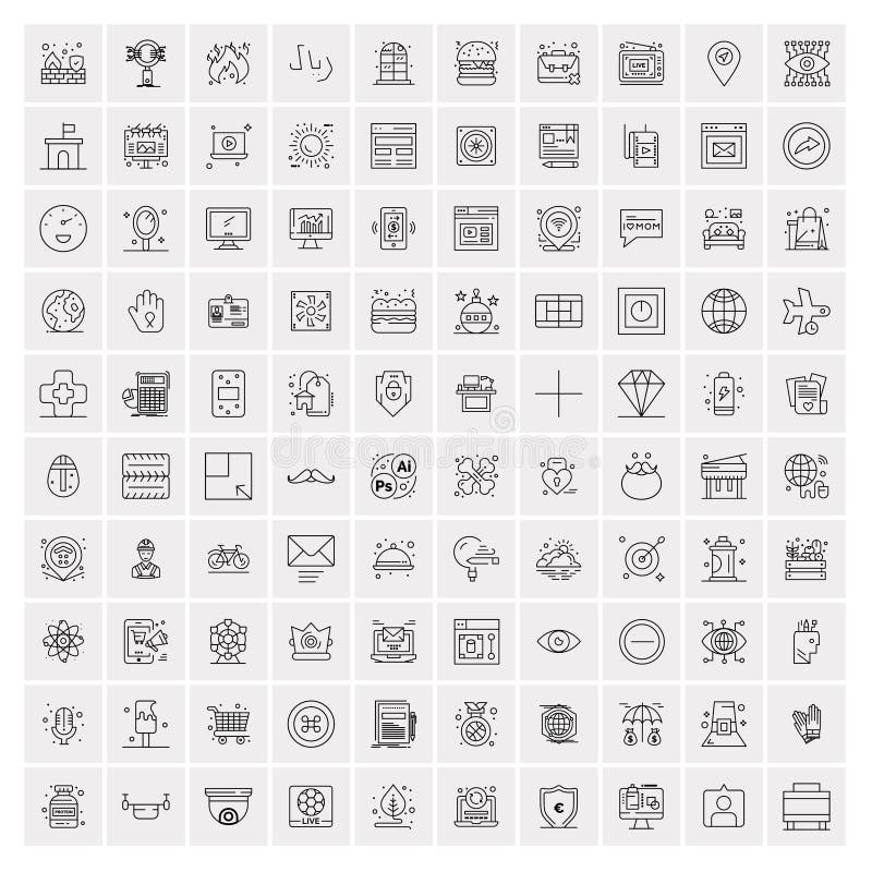 100 Universal Black Line Icons on White Background Stock Vector ...