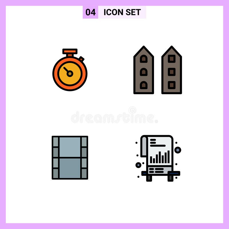 4 Universal Filledline Flat Color Signs Symbols of Timmer, Video, Time ...