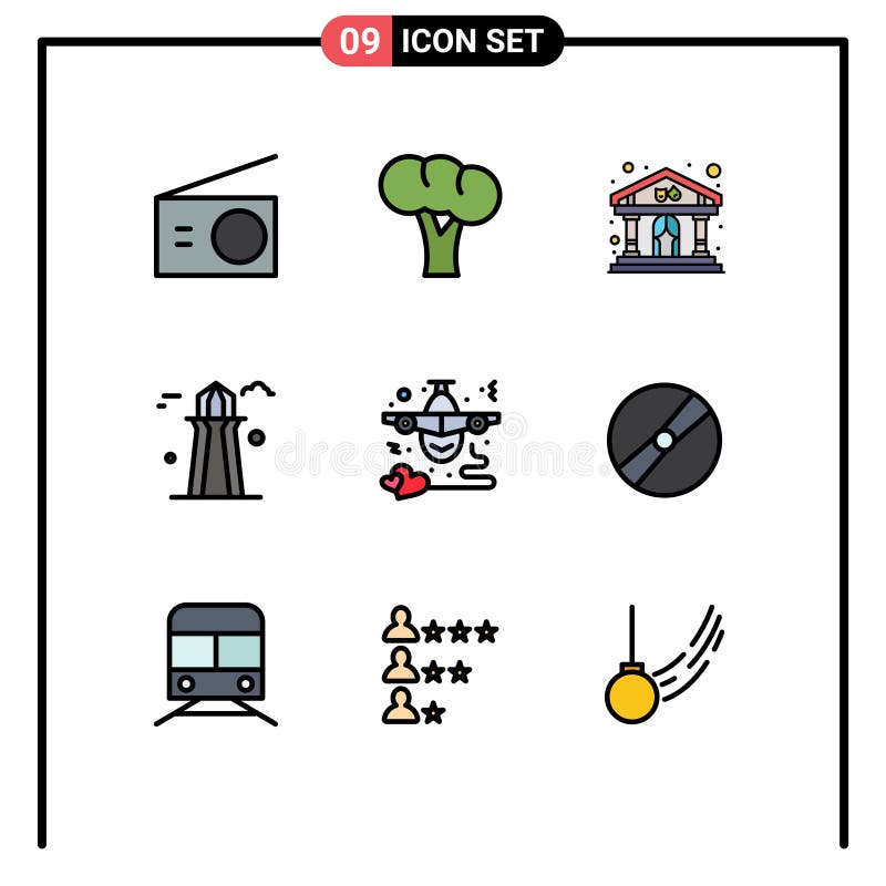 9 Universal Filledline Flat Colors Set for Web and Mobile Applications Flight, Building, Play ...