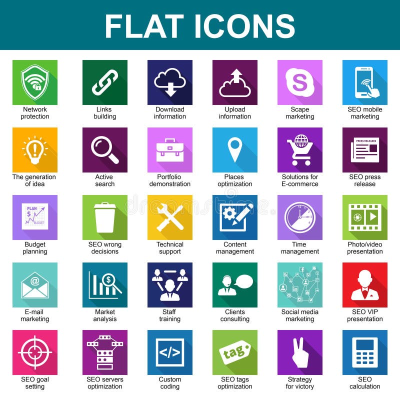 30 Universal Flat Icons. Vector Stock Vector - Illustration of email ...