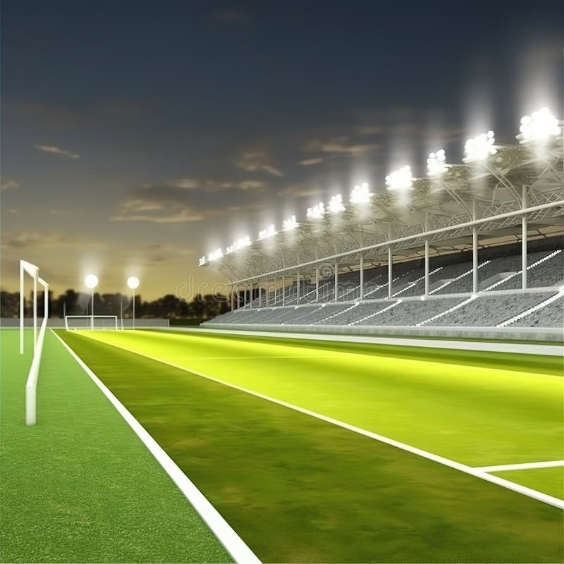 Universal Grass Stadium Illuminated by Spotlights and Empty Green Grass ...