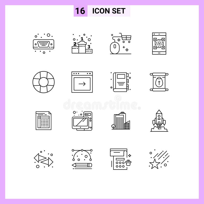 Universal Icon Symbols Group of 16 Modern Outlines of Help, Scan, Cart ...