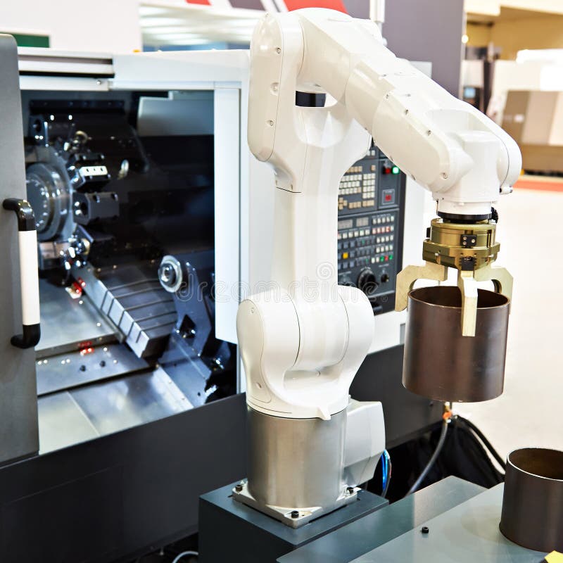 Robotic Arm and Cnc Lathe Machine Stock Image - Image of lathe, monitor ...