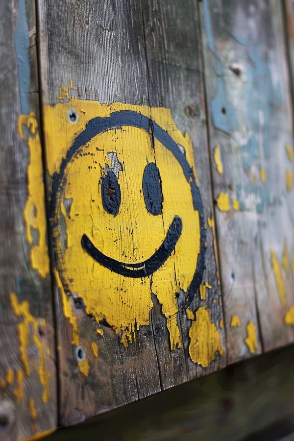 Weathered Wooden Fence with Faded Yellow Smiley Face Graffiti in Rustic ...
