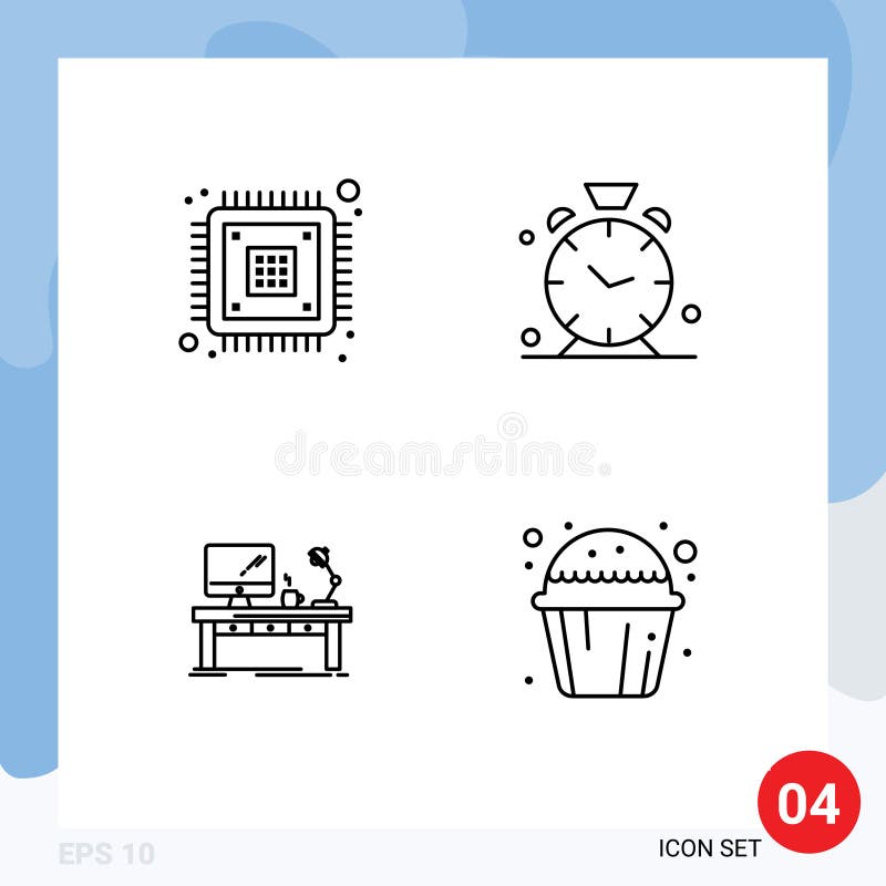 4 Universal Line Signs Symbols of Chip, Workplace, Encryption, Clock ...