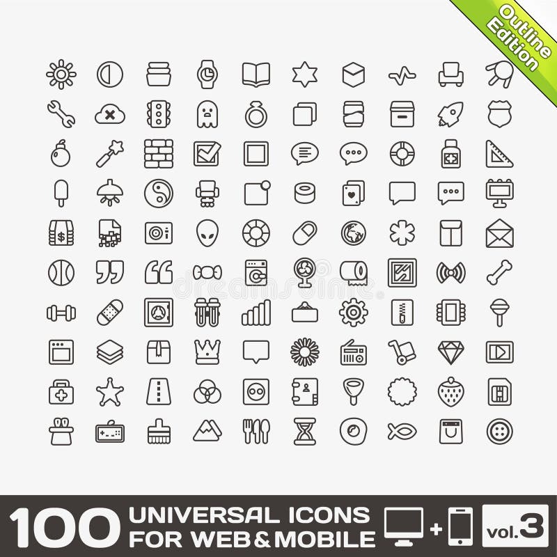 100 Universal Outline Icons Volume 3 Stock Vector - Illustration of ...