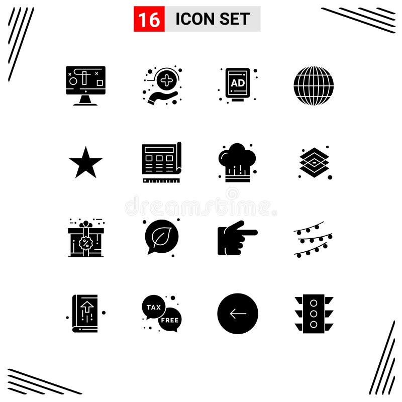 16 Universal Solid Glyph Signs Symbols of Blueprint, Star, Ad, Bookmark ...