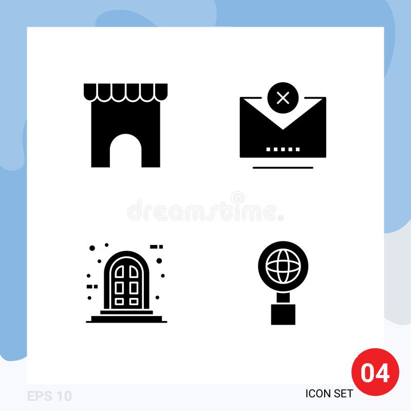 4 Universal Solid Glyph Signs Symbols of Building, Panel, Shop, Close ...