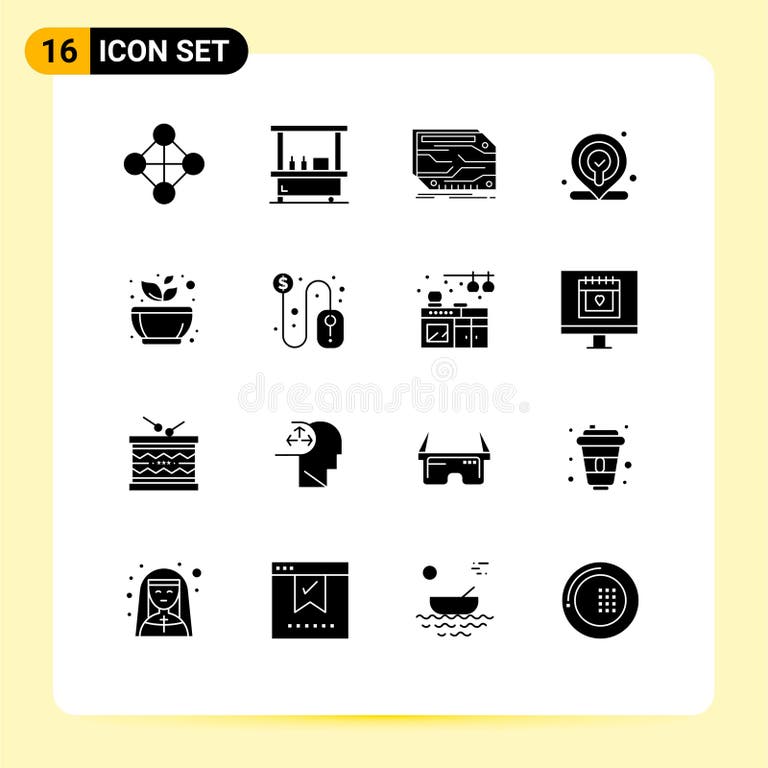 16 Universal Solid Glyph Signs Symbols of Calm, Grinding, Component ...