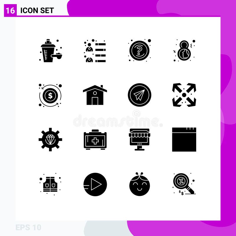 16 Universal Solid Glyph Signs Symbols of Dollar, Face, Question ...