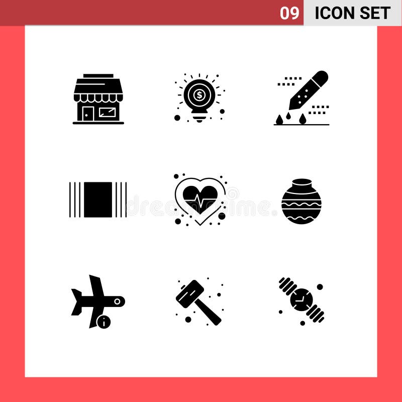 9 Universal Solid Glyph Signs Symbols of Pulse, Health, Medicine ...