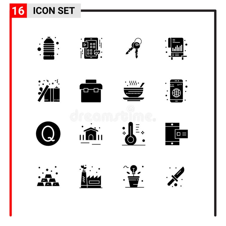 Set of 16 Commercial Solid Glyphs Pack for Box, File, Keys, List, Chart ...