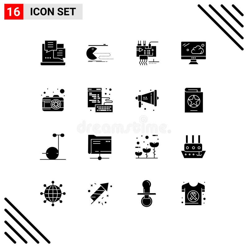 16 Thematic Vector Solid Glyphs and Editable Symbols of Camera, Monitor ...