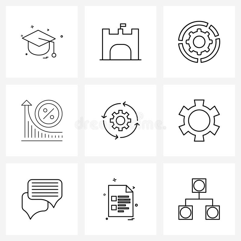 Universal Symbols of 9 Modern Line Icons of Process, Percent, Gear ...