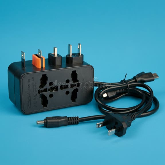 Universal Travel Adapter with Four Plug Types Shown on a Blue ...