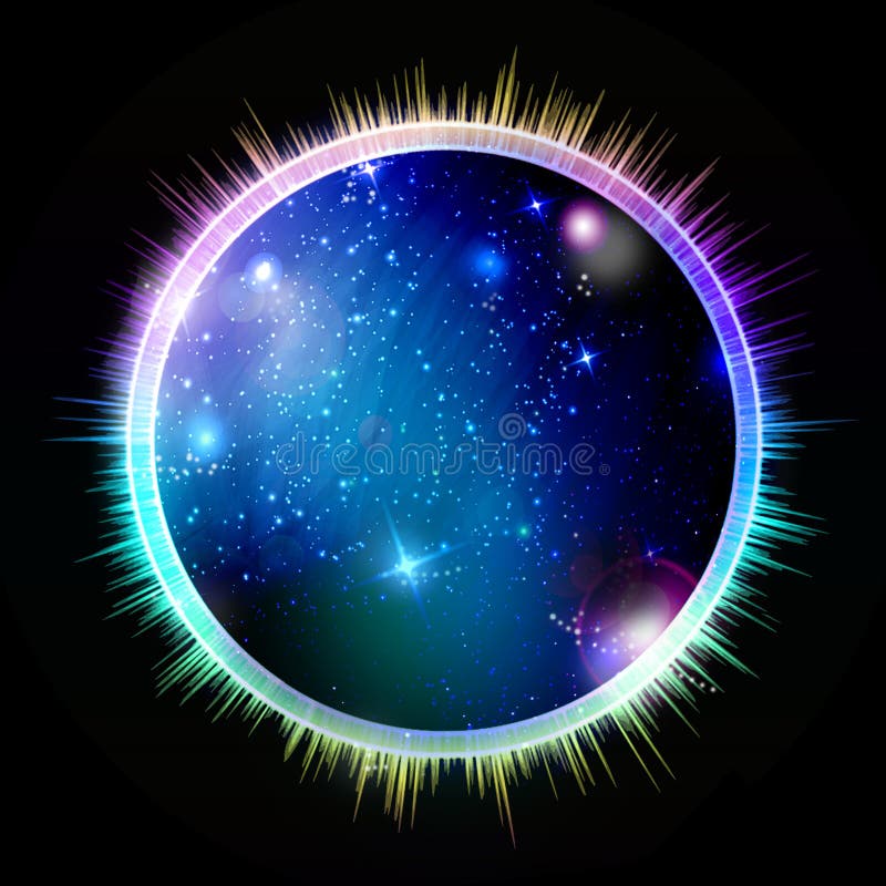 Universe Cosmic Circle Mandala, Black Background Stock Illustration ...