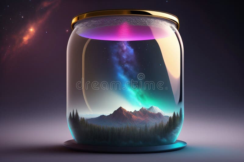 The Universe Inside a Glass Jar, on a Reflective Surface. Generative AI ...