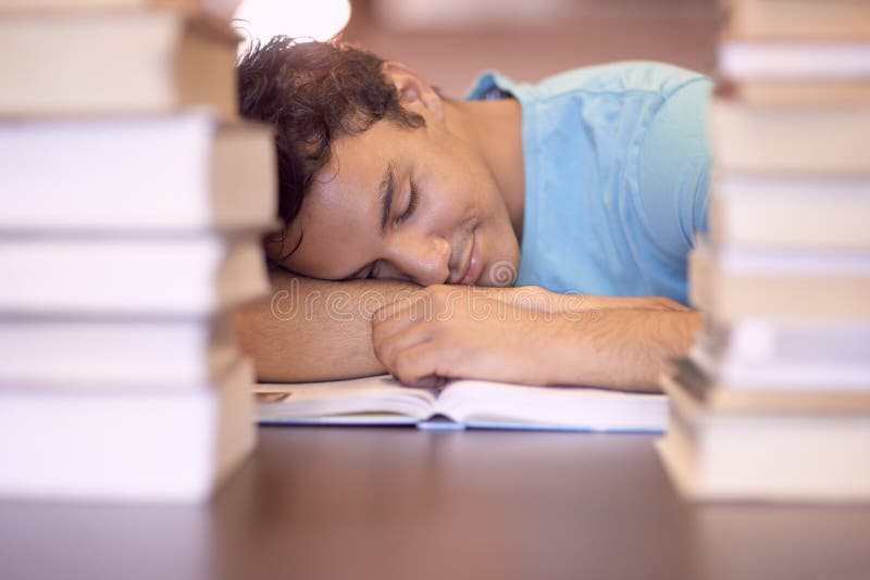 University Books, Education and Tired Man Sleeping during Academy Study ...