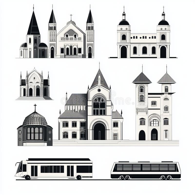 University Building Profiles, Black and White Illustration Set Against ...