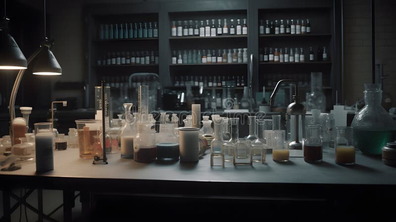 A University Chemistry Lab with Test Tubes and Beakers on Three Created ...