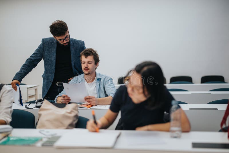 Professor Assisting Students with Assignments in a University Classroom ...