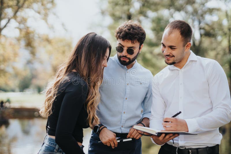 University Colleagues Studying Subjects Together Outdoors, Exchanging ...