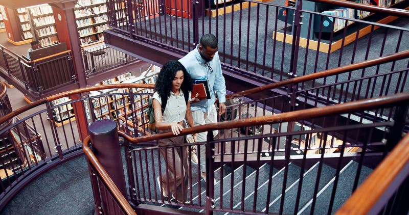 University, Friends and Library Stairs with Study for Information ...