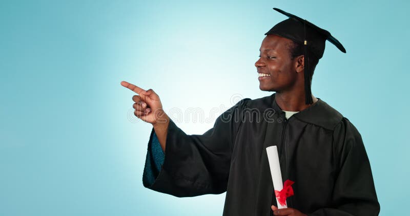 University, Graduate and Hand Pointing by Man in Studio with Checklist ...