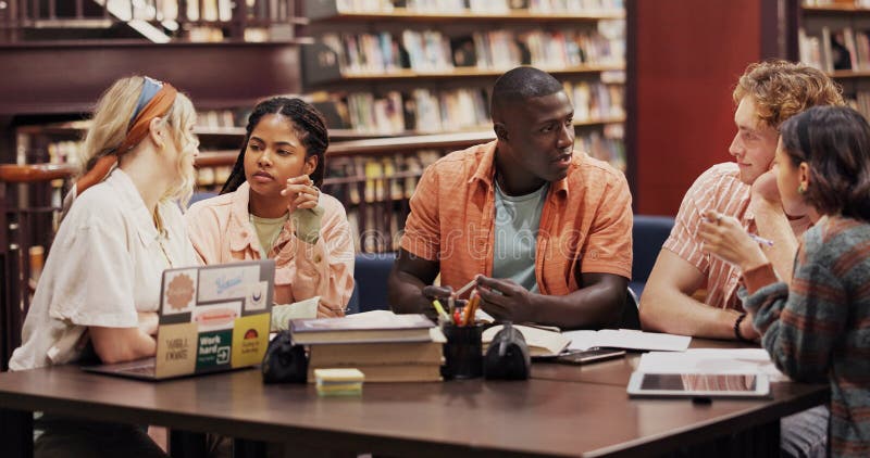 University, Group and Study with Students or Friends in Library for ...