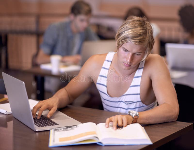 University, Laptop and Man with Books in Library for Studying, Learning ...