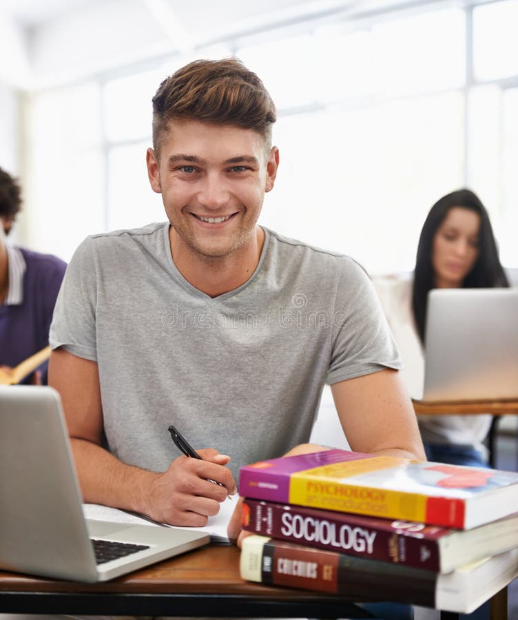 University, Laptop and Portrait of Man in Classroom for Learning ...