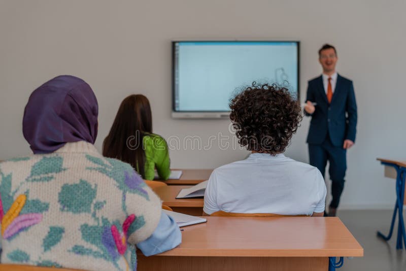 University Lecturer Using Smart Board Explain Lesson Classroom Stock ...
