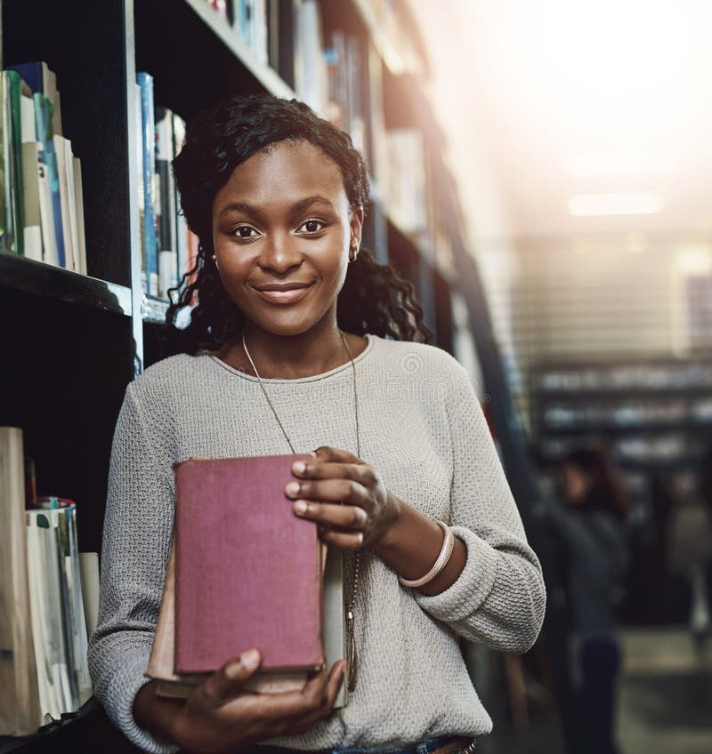 University, Library and Portrait of Black Woman with Books for ...