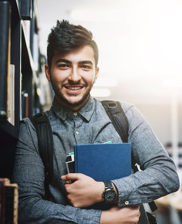University, Library and Portrait of Man with Books for Knowledge ...