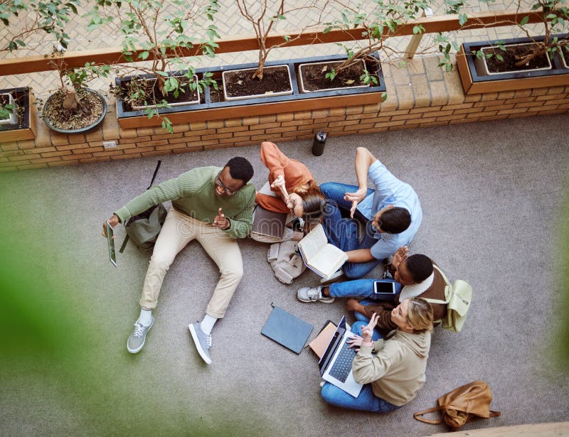 University Phone Selfie, Peace Sign and Students Working on Research ...