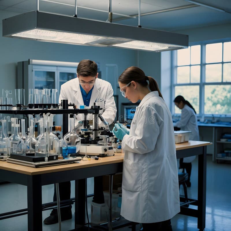 University Science Lab with Students in Lab Coats Conducting ...