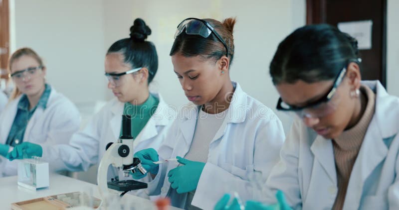 Science, Classroom and Students in Laboratory with Microscope for ...