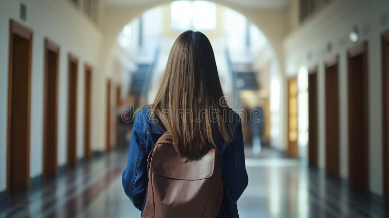 A Student Walks through a University Corridor with a Backpack ...