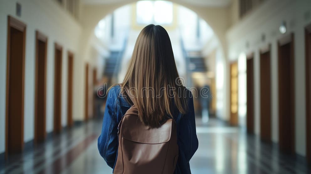A Student Walks through a University Corridor with a Backpack ...
