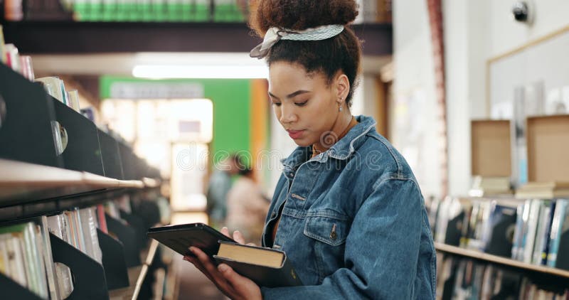 University, Student and Book with Tablet in Campus Library for Fact ...