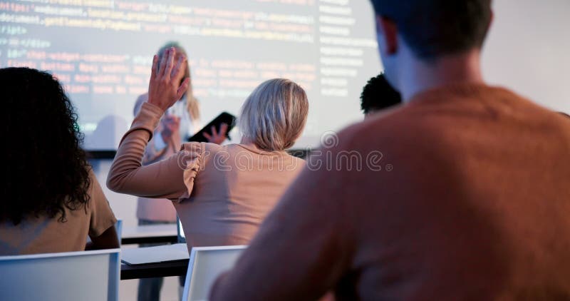 University, Student or Girl and Question in Lecture for Advice or ...