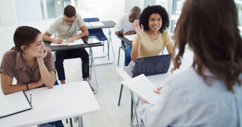 University Student, Hand and Girl Answer Question in Classroom for ...