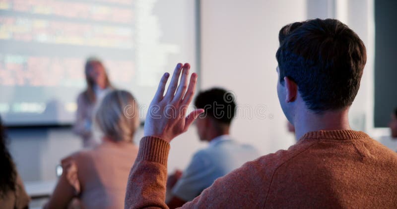 University, Student or Man and Question in Lecture for Advice or ...