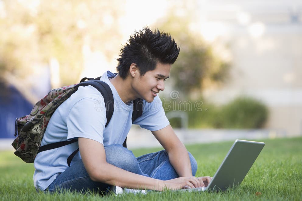 University Student Using Laptop Outside Stock Image - Image of person ...