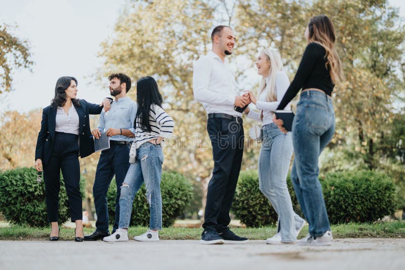 University Students Collaborate in a Park Discussing Topics, Achieving ...