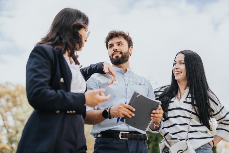 University Students Collaborating on a Faculty Project Outdoors ...