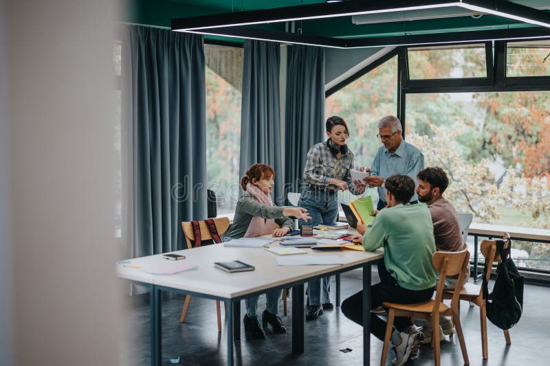 University Students Collaborating on a Project with Senior Professor ...